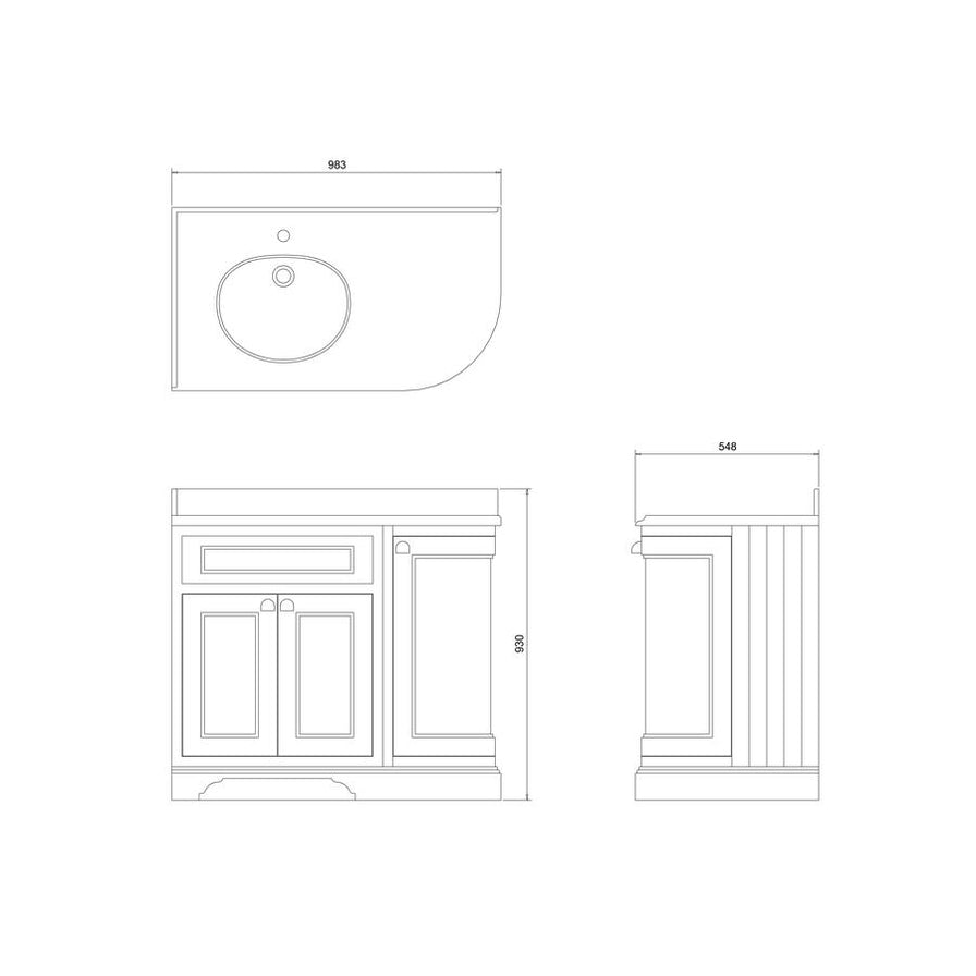 Burlington 1000mm Curved Corner Vanity Unit - Floor Standing 3 Door Un