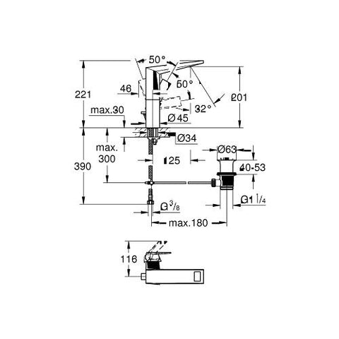 Grohe Allure Brilliant 1/2 Inch Large Size Single Lever Basin Mixer wi