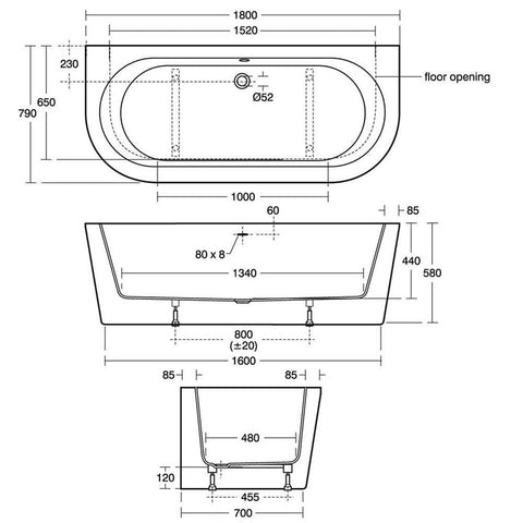Ideal Standard Adapto 1800 x 800mm D-Shape Double Ended Freestanding B